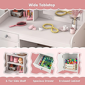 GOFLAME Kids Vanity Set with Lighted Mirror, Toddler Makeup Dressing Princess Table & Chair Set with Shelves, Drawer & Cabinet, Pretend Play Vanity Set with Mirror and 2-Color LED Lights, White