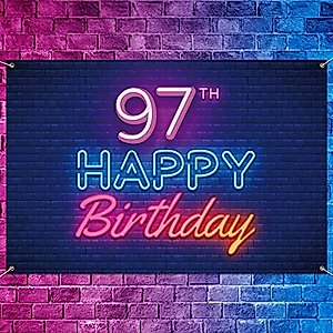 Glow Neon Happy 97th Birthday Backdrop Banner Decor Black – Colorful Glowing 97 Years Old Birthday Party Theme Decorations for Men Women Supplies
