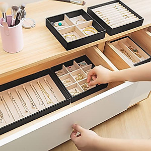ProCase Jewelry Organizer Jewelry Tray Jewelry Drawer Inserts, Set of 5 Stackable Jewelry Drawer Dividers Container Necklace Display Trays Storage Box for Dresser Earring Rings Bracelet - Black