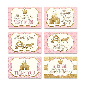 24 Princess Baby Shower Thank You Cards With Envelopes, Kids Thank-You Note, 4x6 Gratitude Card Gift For Guest Pack For Party, Birthday for Girl Children, Cute Pink Royal Queen Crown Event Stationery