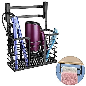 Hair Dryer Holder with Over The Cabinet Door Towel Bar,Hair Tool Organizer for Bathroom Cabinet Door Storage Organizer,Adjustable Height 3-in-1 Blow Dryer Holder,Flat Irons,Curling Irons Organizer