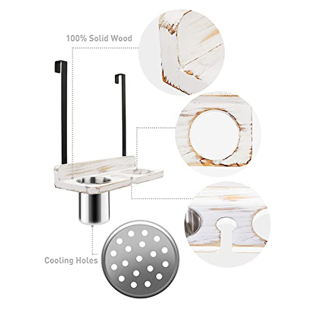 Hair Tool Organizer Under Sink with Cup, Honizer Wooden Hair Dryer Holder Cabinet Door, Bathroom Organizer Under Sink for Curling Iron, Brush, Flat Iron- White