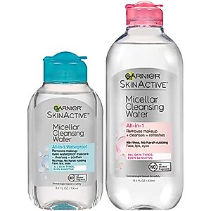 Garnier SkinActive Micellar Cleansing Water, For All Skin Types, 13.5 fl oz + Micellar Cleansing Water, For Waterproof Makeup, 3.4 fl oz