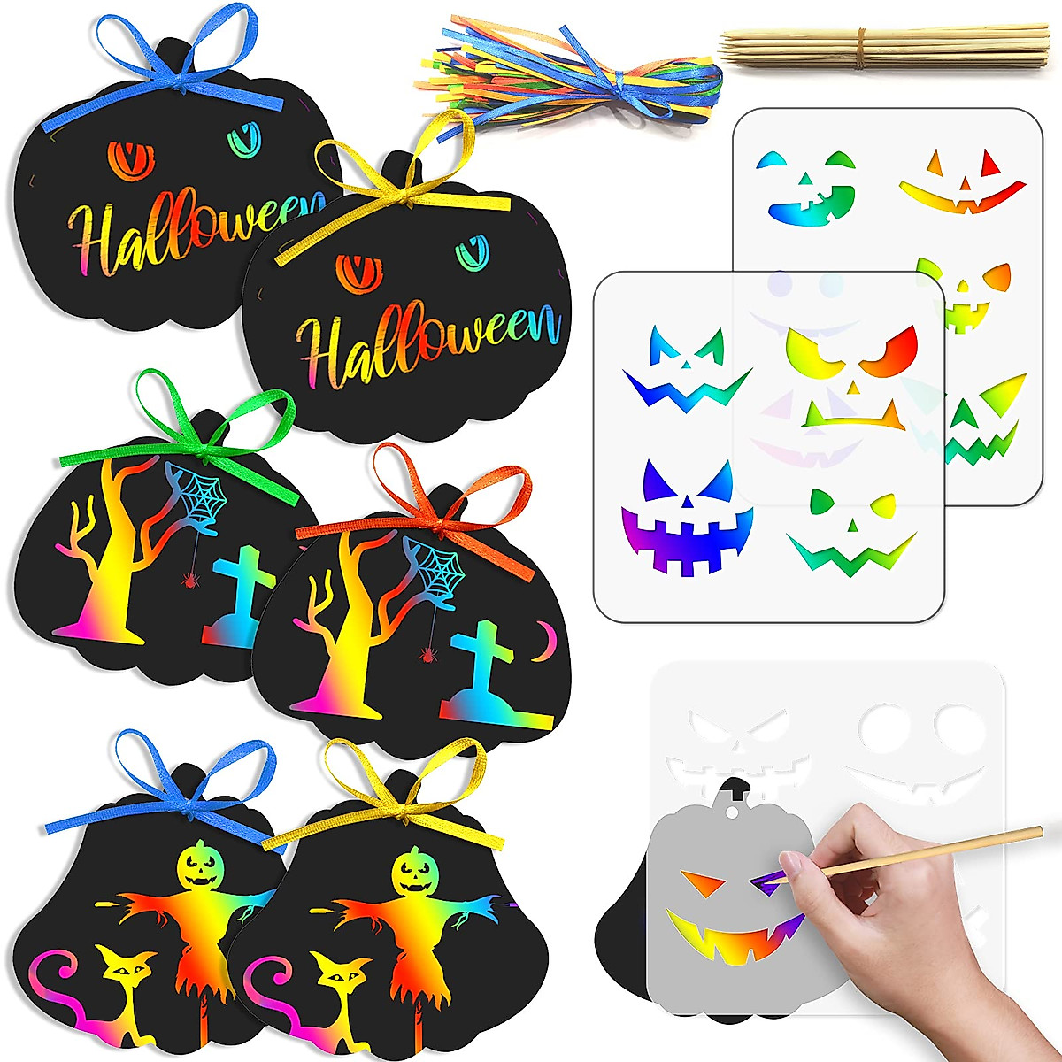 72Pcs Halloween Scratch Paper, Scratch Art Paper Crafts Halloween Magic Rainbow Scratch Paper with 24 Wooden Sticks and 72 Colorful Ribbons, Halloween Art Cards Perfect for Kids Church DIY(Pumpkin)