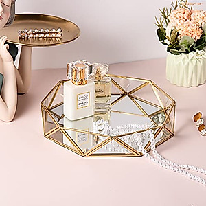 Feyarl Gold Clear Glass Mirror Make up Vanity Tray Jewelry Organizer Tray Ornate Cosmetic Tray Geometric Shape Perfume Display Decorative Tray for Home Decor Dresser Tabletop Countertop (9.5Inch)