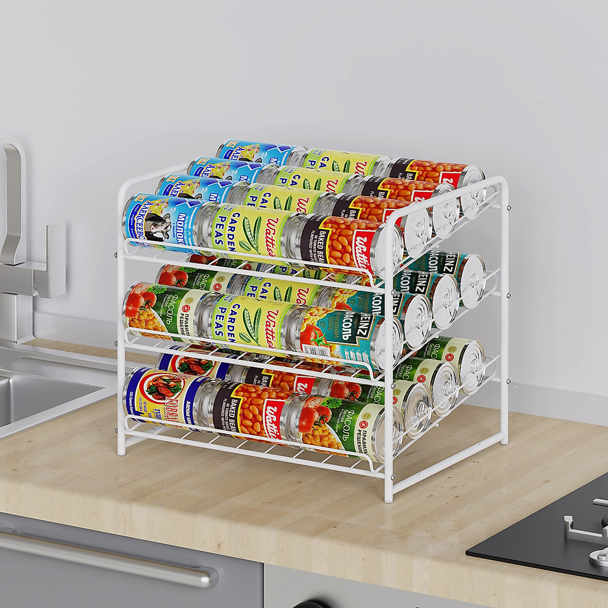 Simple Trending Can Rack Organizer, Stackable Can Storage Dispenser for Kitchen Cabinet or Pantry, White
