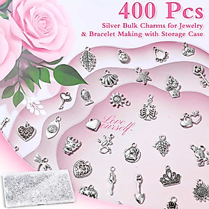 400 Pcs Silver Charms for Jewelry Making and Bracelets Making, Wholesale Bulk Lots Jewelry Making Charms Tiny Assorted Mixed Tibetan Silver Metal Charms Pendants for DIY Necklace Bracelet Jewelry Making and Crafting