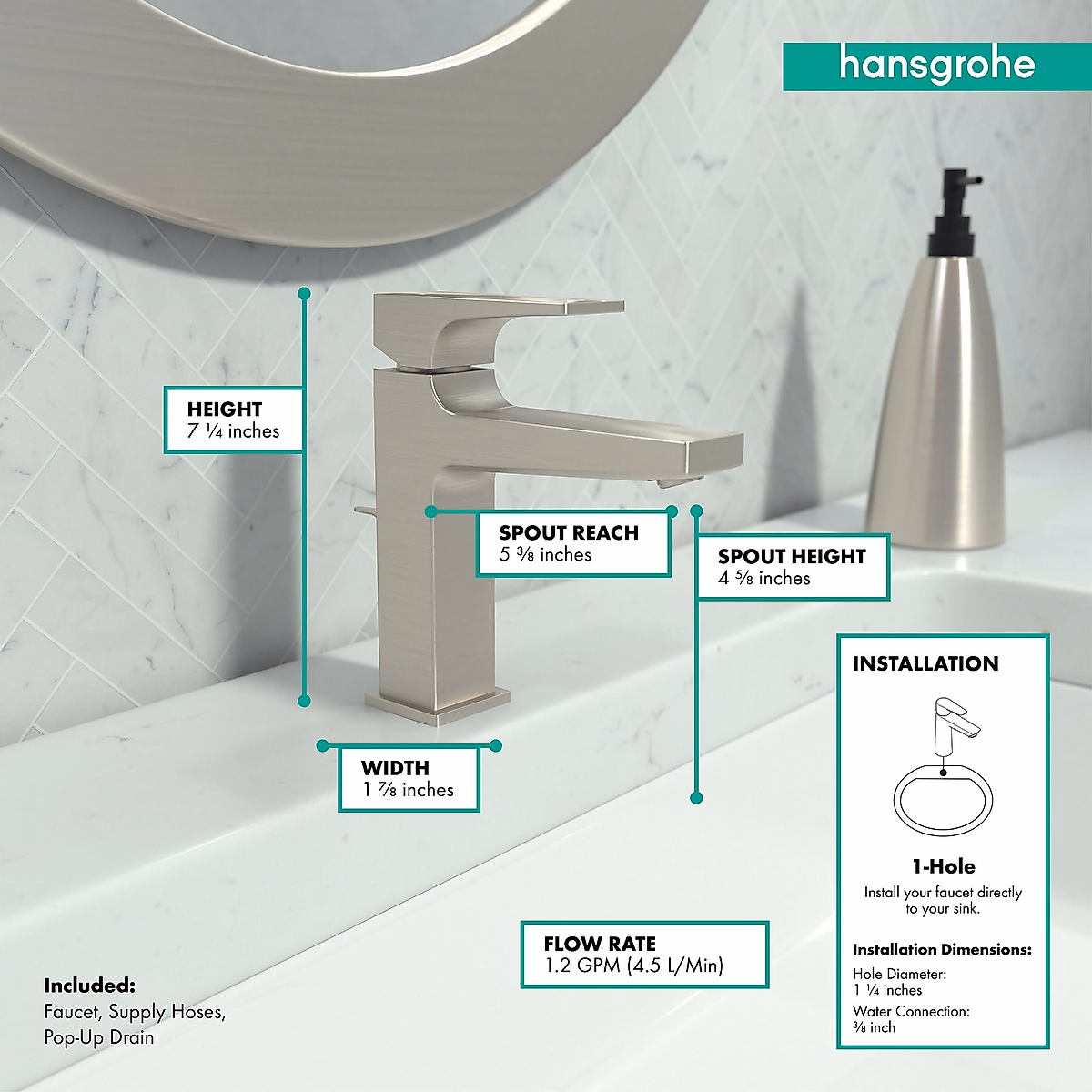 hansgrohe Metropol Modern Low Flow Water Saving 1-Handle 1 7-inch Tall Bathroom Sink Faucet in Brushed Nickel, 32506821