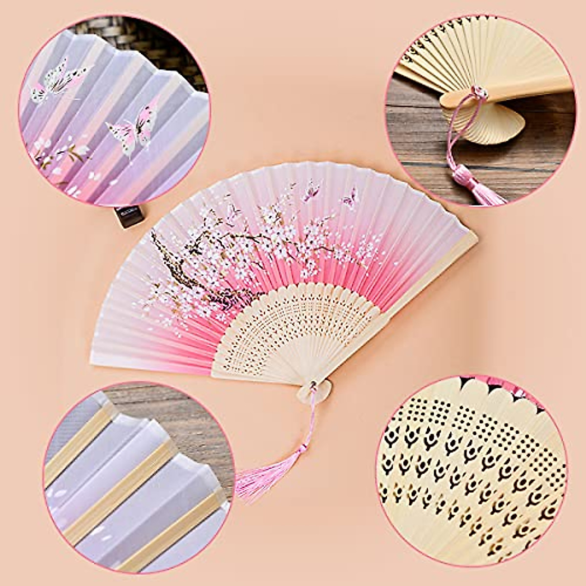 9 Pieces Floral Folding Silk Hand Fan Bamboo Handheld Chinese Style Fabric Folding Fan with Tassel for Wedding Dancing Party Church