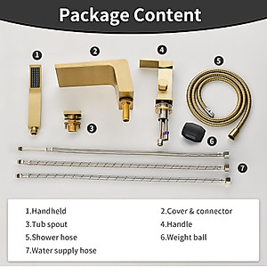 Waterfall Roman Tub Faucet with Hand Shower Deck Mount Bathtub Faucet with Hand Shower Widespread Bathtub Faucets Set Bathtub Shower Faucet Set Brushed Gold - 1725BG