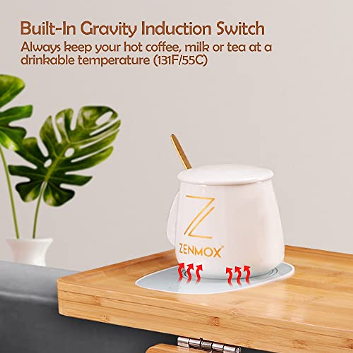 Zenmox Bamboo Clip On Couch Tray Built-in Mug Warmer with Mug Set - Table for Food, Drink Holder - Modern, Sleek Design - with 360° Rotating Phone Holder