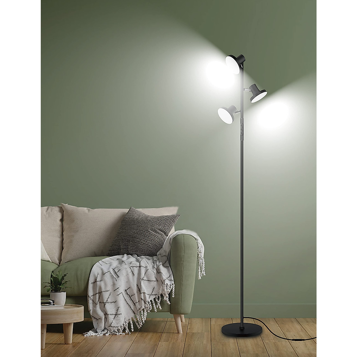 MOFFE Modern Tree Floor Lamp,3 Lights Adjustable Rotate and Stepless Dimming,Stand Up Tall Pole Lamps with Remote and 2 Batteries for Living Room Bedroom Office Reading - Industrial Style Black