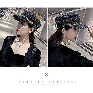 Women Plaid-Tweed Newsboy-Baker-Boy Hat Captain-Sailor Fisherman Hat Peaked-Beret with Chain Black
