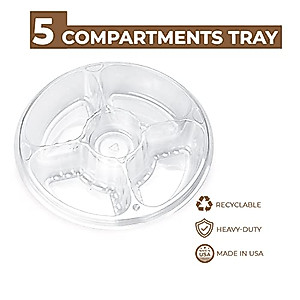 [8 Pack] 10 Inch Round Plastic Appetizer Tray with Lid - 5 Compartment Container, Food Serving Dip Platter, Disposable Clear PET Storage, Kids Snack, Veggie Fruit Travel Organizer for Party and Buffet