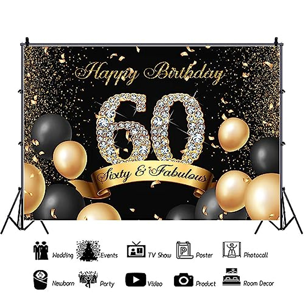 5x4Ft 60th Birthday Backdrops Black Gold Glitter Diamonds Balloons Photography Background Birthday Party Backdrop Decoration Cake Table Banner Photo Booth Props