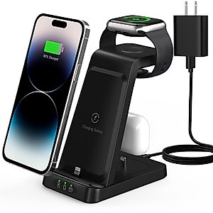 Charger Station for Apple Multiple Devices,3 in 1 Wireless Charging Station Dock Stand for Apple Watch 8 7 6 SE 5 4 3 2 iPhone Fast Charger for iPhone 14 13 12 11 Pro X XS 8 Plus & Airpods