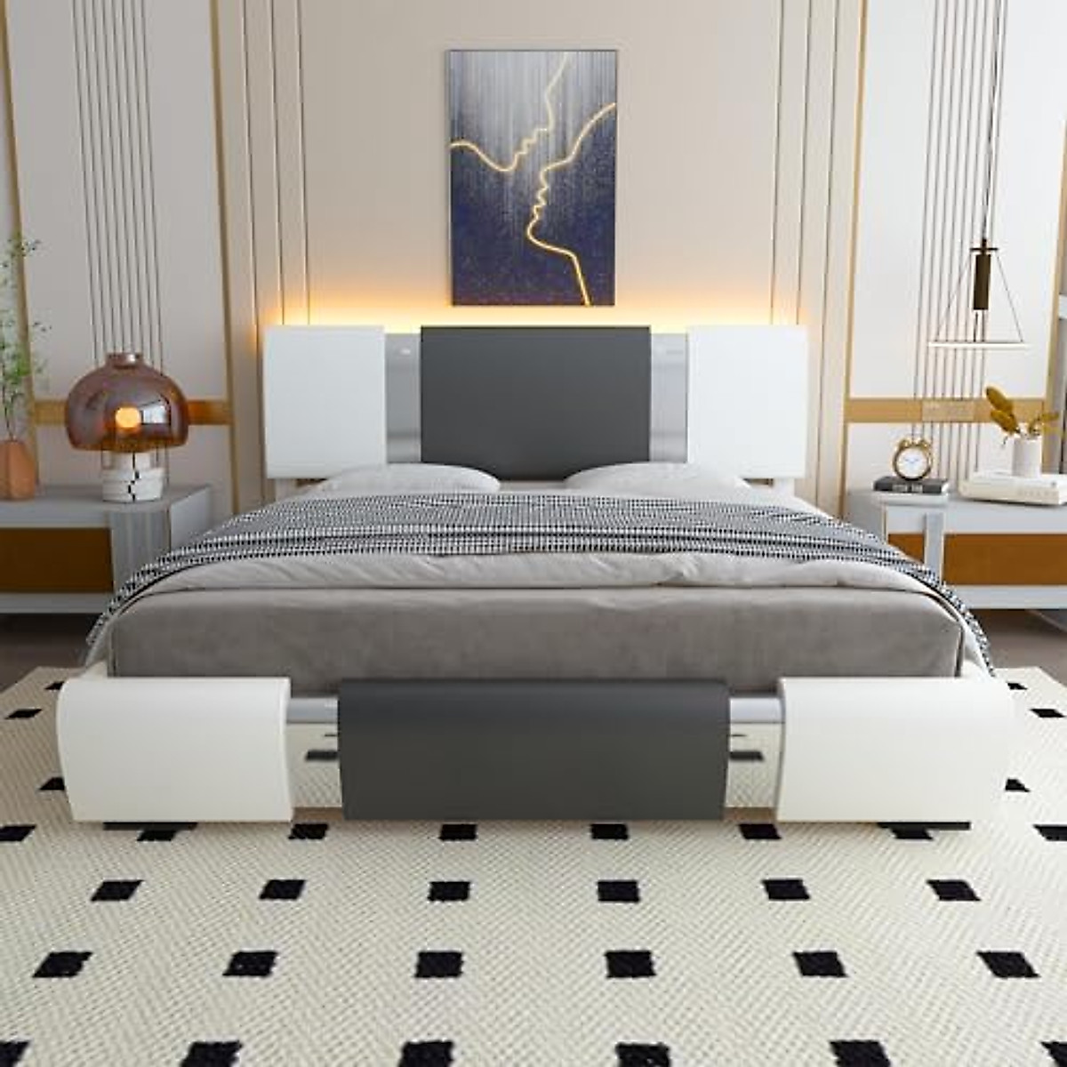 Kallabe Full Modern Faux Leather Upholstered Bed Frame with Adjustable Headboard, LED Lights，Low Profile Platform Bed with Iron Piece Decor，Wooden Slats Support, No Box Spring Needed, White & Black