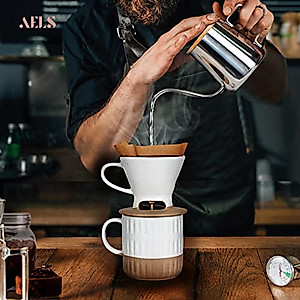 AELS Pour Over Coffee Maker Gift Set, Includes Ceramic Coffee Dripper Brewer & Coffee Mug with Lid, Stainless Steel Gooseneck Kettle & 5pcs Coffee Filter, Manual Single Cup Coffee Maker, Gift Idea