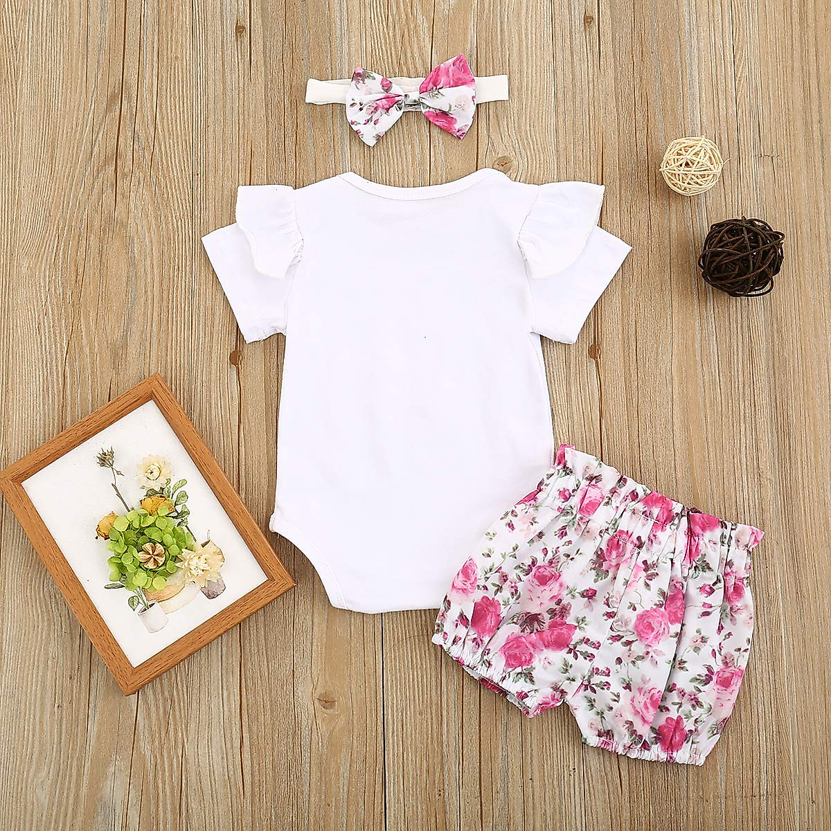 bebiullo Baby Infant Girl Sassy Aunt Ruffle Short Sleeves Romper Floral Short Pants Headband Outfit Clothes (White, 0-6M)