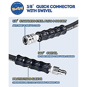 TOOLCY 3/8" Pressure Washer Hose 4000 PSI X 50 FT, Stainless 3/8" Swivel QC Kink Resistant, 250℉ Hot Water Compatible Steel Wire Braided & Rubber Jacket, Easy Loading 3/8" NPT X M22-14mm Adapter Kits