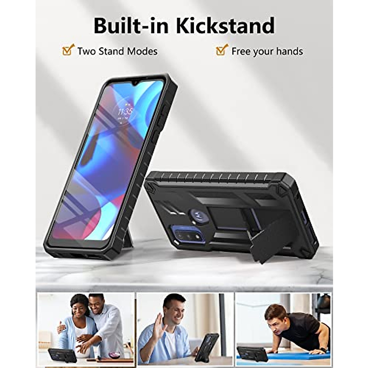 for Motorola Moto G Pure Case: Military Drop Proof Protection Rugged Protective Heavy Duty Shockproof TPU Grade Matte Textured Bumper Design Armor Phone Cover with Kickstand - Black