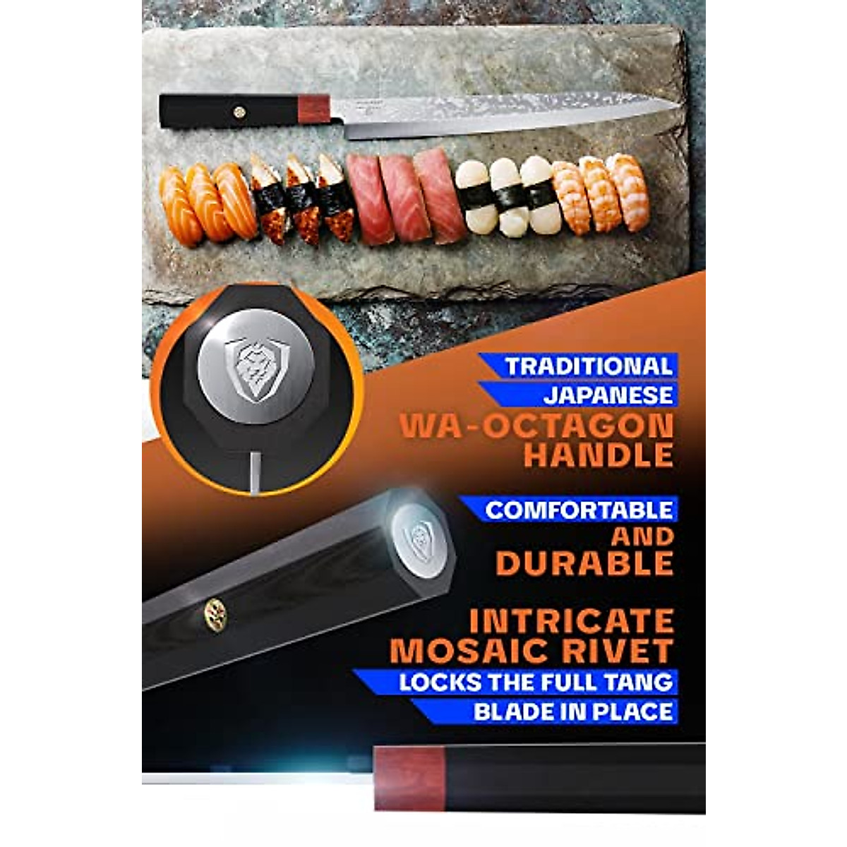 Dalstrong Ronin Series Japanese AUS-10V Damascus Steel Yanagiba Sushi Kitchen Knife with Red & Black G10 Handle, 10.5 Inches, Sheath Included