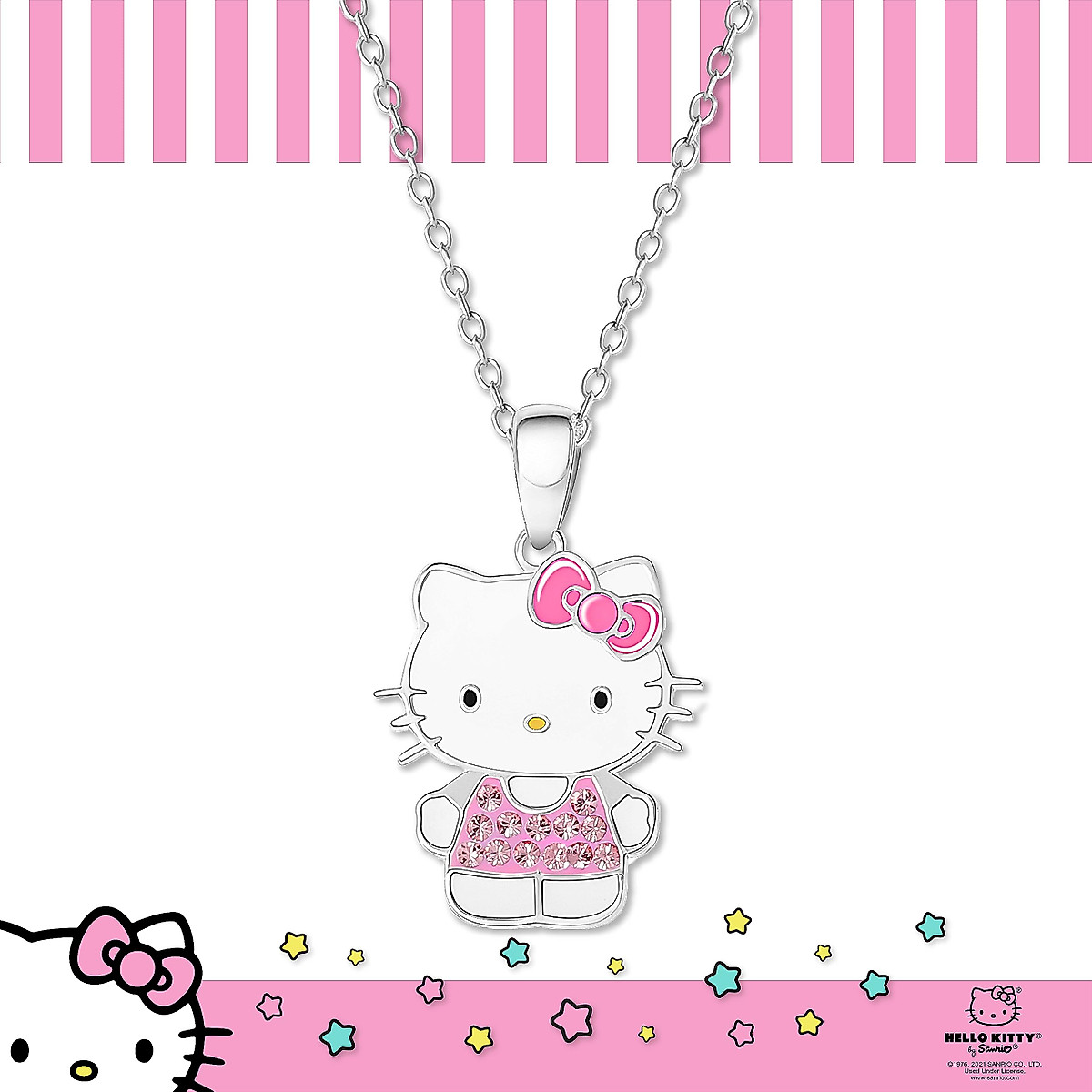 Hello Kitty Sanrio Womens Necklace Official License - Silver Plated Necklace with Enamel and Crystal Pendant