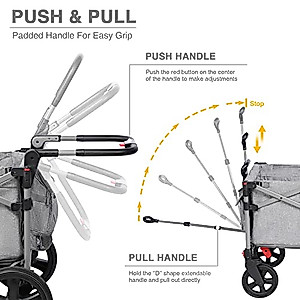 EVER ADVANCED Foldable Wagons for Two Kids & Cargo, Collapsible Folding Stroller with Adjustable Handle Bar,Removable Canopy with 5-Point Harness Gray