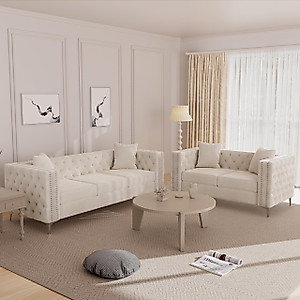 Morden Fort Couches for Living Room, 85“Beige Morden Sofa with Button Tufted, Nailhead Trim, 3-Seater Velvet Sofa for Apartroom, Bedroom, Office