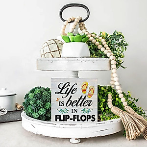 Summer Vacation Wooden Box Sign Desk Decor Life is Better in Flip Flops Wood Block Plaque Box Signs Farmhouse Rustic Box Sign for Home Beach House Shelf Table Decoration (5 X 5 Inch)