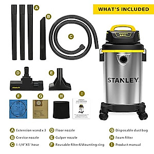 Stanley Wet Dry Vacuum 4 Gallon, 4 Peak HP Shop Vacuum Portable Stainless Steel Multifunction for Job Site, Garage, Basement, Workshop