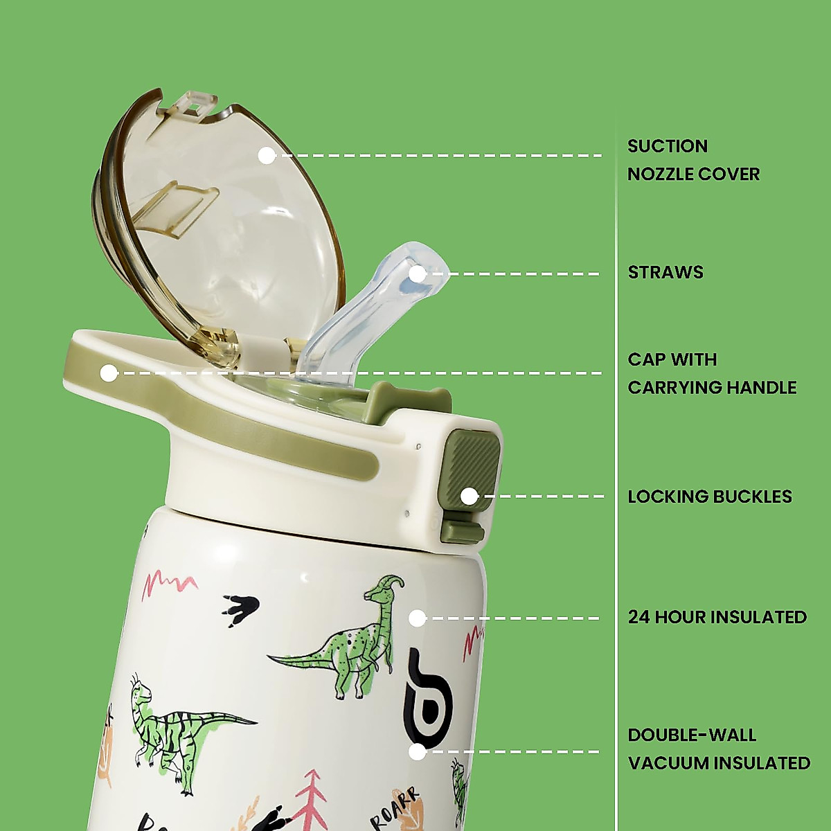 BOTTLE BOTTLE Kids Water Bottle with Straw Lid 16 oz Stainless Steel Reusable Tumbler Water Bottles Kids for School Travel,Gifts for Boys and Girls Dinosaur