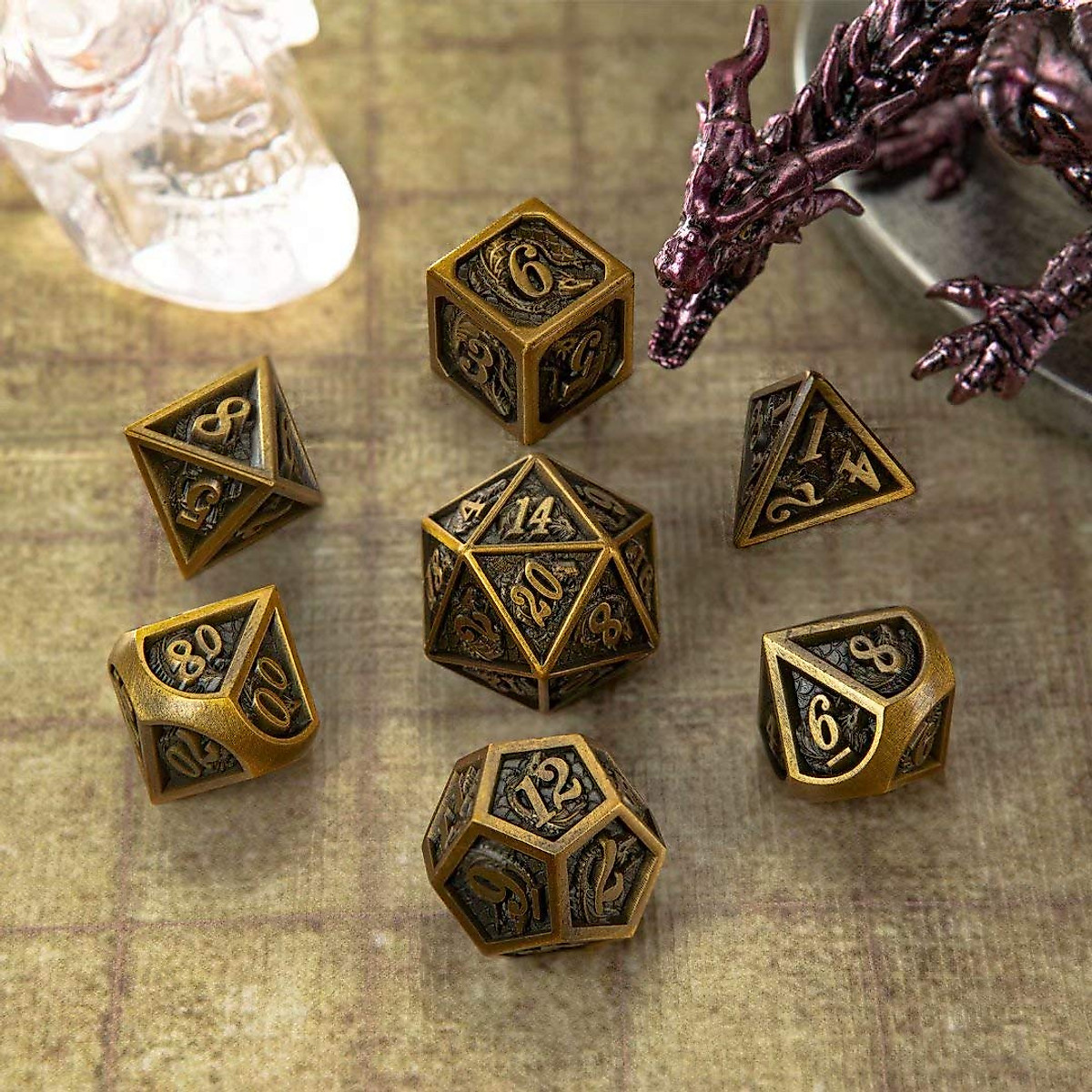 HYMGHO Polyhedral Metal DND Dice Set with Metal Box, 7-die Engraved Dragon Design with Dragon Scales RPG dice, Dungeons and Dragons Pathfinder Shadowrun D&D Role Palying Game(Ancient Gold)