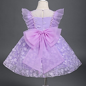 Infant Baby Flower Girls Dress Flutter Ruffle Bowknot Tutu Dress Christening Baptism Gown Toddler Little Princess Pageant Wedding First Communion Birthday Party Beaded Tulle Dress Purple 6-12 Months