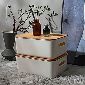 Citylife 2 PCS Storage Bins with Bamboo Lids Plastic Storage Containers for Organizing Stackable Storage Box with Handle, 15.12 x 10.67 x 5.98 inch