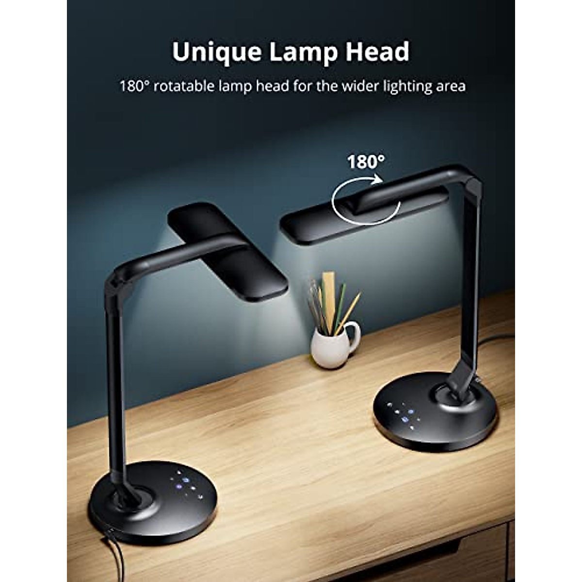 soysout LED Desk Lamp, Dimmable Piano Light, Eye-Caring Table Lamp with USB Charging Port, 4 Color Modes & 4 Brightness Levels,1 Hour Timer for Reading, Study, Working, Black