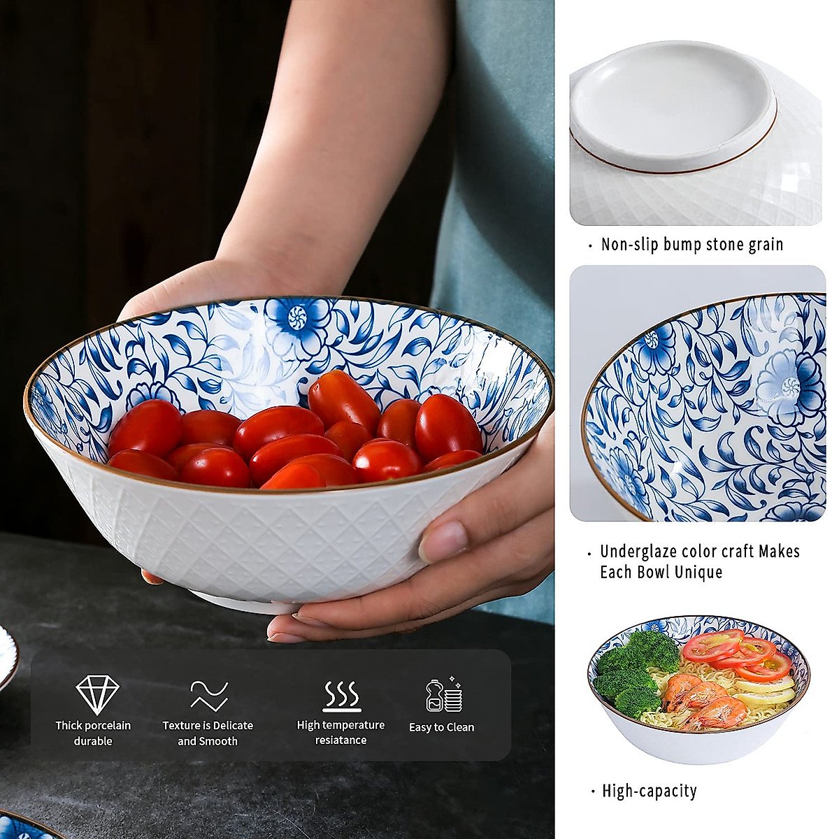 AnBnCn 40 OZ Large Ceramic Bowls Set of 4 - Blue and White Porcelain - Ideal for Pho, Ramen, Salad, Soup, Cereal and Fruit - Dishwasher & Microwave Safe(Assorted Patterns)