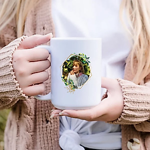 Personalized Ceramic Mug with Add Photo Custom Name Green & Gold Leaf for Women, Customized Coffee Mug Cup 11oz 15oz Gift for Special Day, White Mugs Custom Letter Alphabet Initial for Wife/Mom
