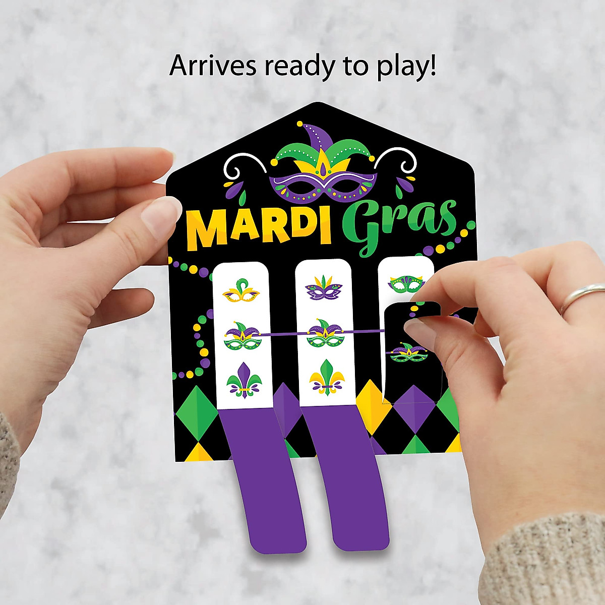 Big Dot of Happiness Colorful Mardi Gras Mask - Masquerade Party Game Pickle Cards - Pull Tabs 3-in-a-Row - Set of 12