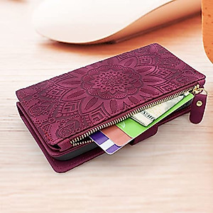 Harryshell Detachable Magnetic Zipper Wallet Leather Case with Cash Coin Pocket 12 Card Slots Holder Wrist Strap Lanyard Compatible with Google Pixel 6A 5G (2022) (Flower Wine Red)