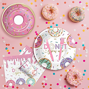 HIPVVILD Donut Party Decorations Tableware Girl - Donut Grow Up Party Supplies, Paper Plate, Cup, Napkin, Tablecloth, Cutlery, Straw, Pink Donut Theme Birthday Baby Shower Decorations | Serve 24