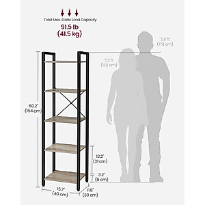 VASAGLE 5-Tier Bookshelf, Bookcase with Steel Frame, Book Shelf for Living Room, Home Office, Study, 11.8 x 15.7 x 60.2 Inches, Industrial Style, Heather Greige and Ink Black ULLS100B02