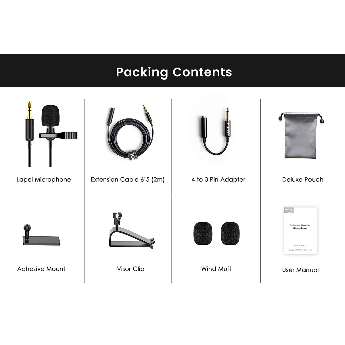VIOFO Professional Lavalier Lapel Microphone Kit Omnidirectional Lavalier Mic Compatible with iPhone Android Smartphone, Laptop, PC, DSLR for YouTube, Podcast, Interview, Video Conference