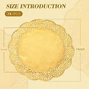 200 Pcs 14 Inch Doilies Paper Doilies Round Lace Paper Doilies Disposable Foil Lace Paper Doilies Placemats Doily Paper Pad Paper Placemats for Cakes Crafts Party Weddings Tableware (Gold, Round)