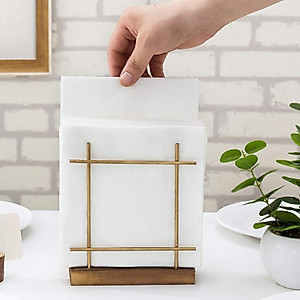 MyGift Contemporary Brass-Tone Wire Metal Upright Napkin Holder with Rustic Burnt Brown Wood Base, Decorative Kitchen Table Dining Napkin Holder