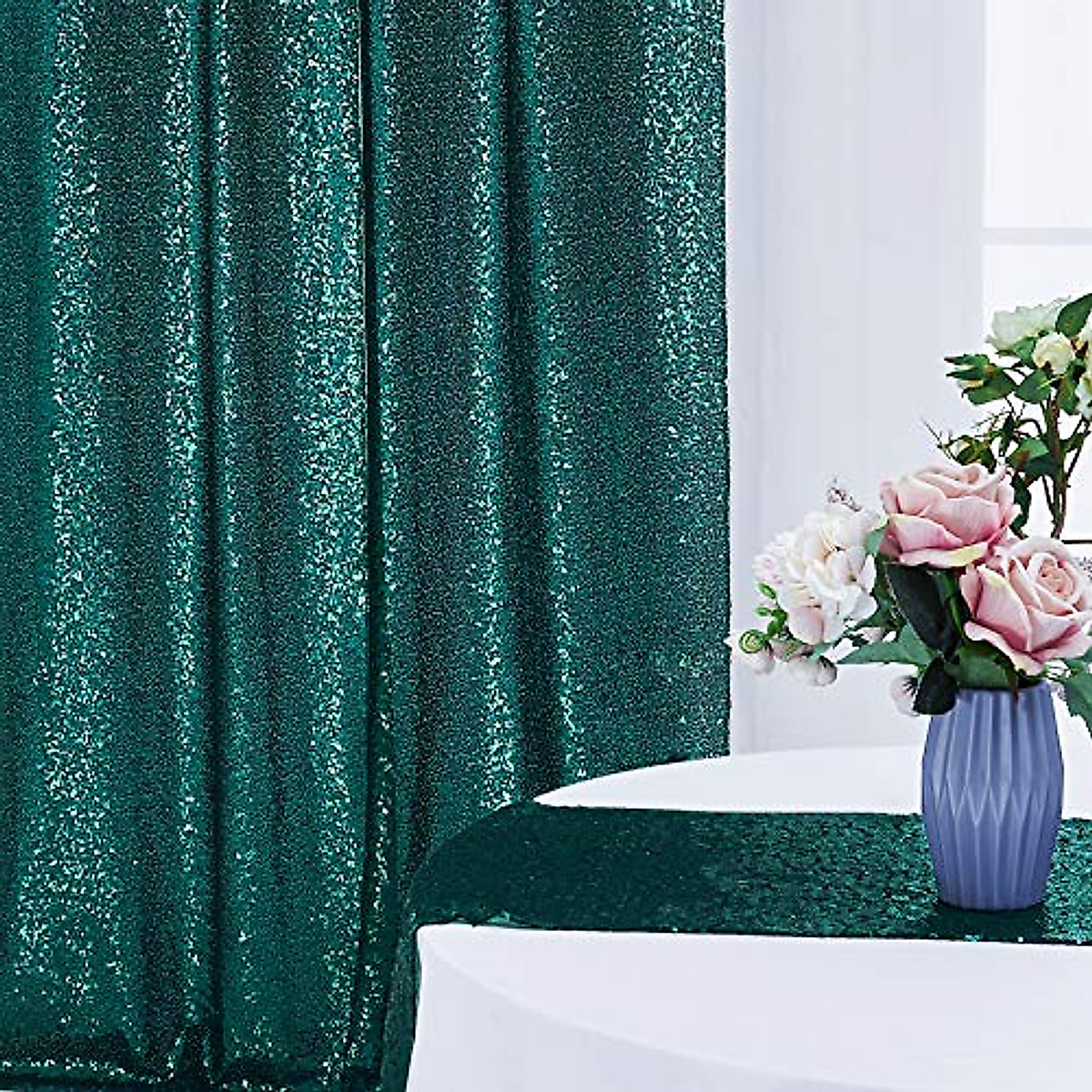 2×8FT-2PCS Hunter Green Sequin Backdrop Curtains Panels, Christmas Green Photography Backdrop Glitter Curtains Fabric Background for Christmas Wedding Party Decor