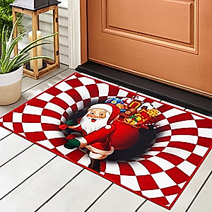 Illusion Christmas Door Mat Xmas Santa Claus with Gifts 3D Visual Vortex Red and White Plaid Rug for Christmas Front Door Non-Slip Welcome Entrance Door Mat Kitchen Home Bathroom Carpet Decorations