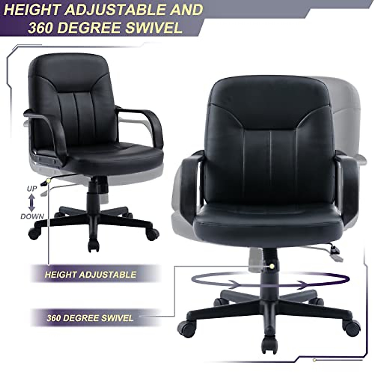 MFD LIVING Task Office Chair Mid- Back Computer Chair, Swivel Armrest Desk Chair PU Leather Tilt Executive Padded Home Office Chair (Black)