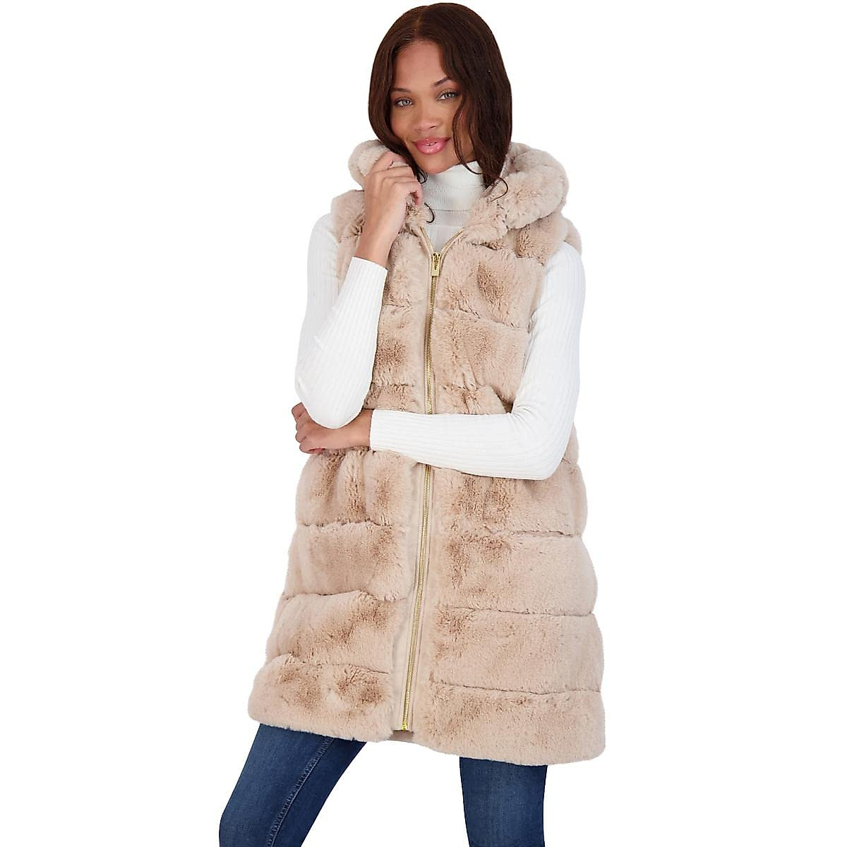 VIA SPIGA Women's Grooved Faux Fur Hooded Vest Beige Size L
