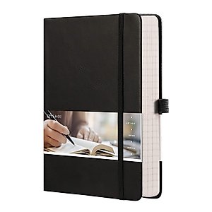 EMSHOI Graph Paper Notebook - 256 Pages A5 Graph Notebook/Journal, Hard Cover, 120gsm Thick Paper, Smooth PU Leather, Inner Pocket, 5.75'' × 8.38''-Black